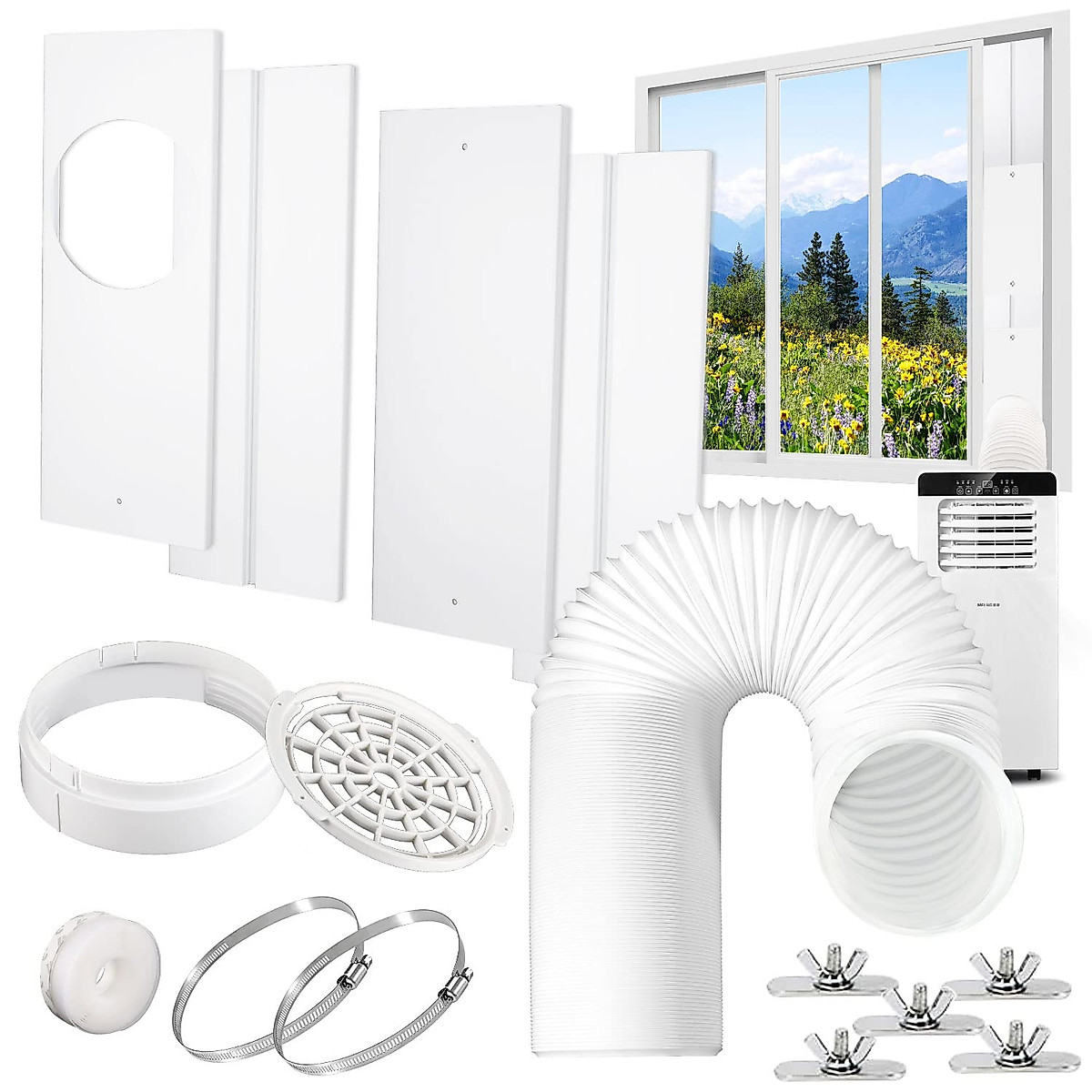 GNILLKO Portable Air Conditioner AC Window Kit with 5.9" Exhaust Hose & Coupler, Adjustable Window Seal Kit Plate for AC Unit, Portable AC Window Vent Kit for Sliding Horizontal & Vertical Window