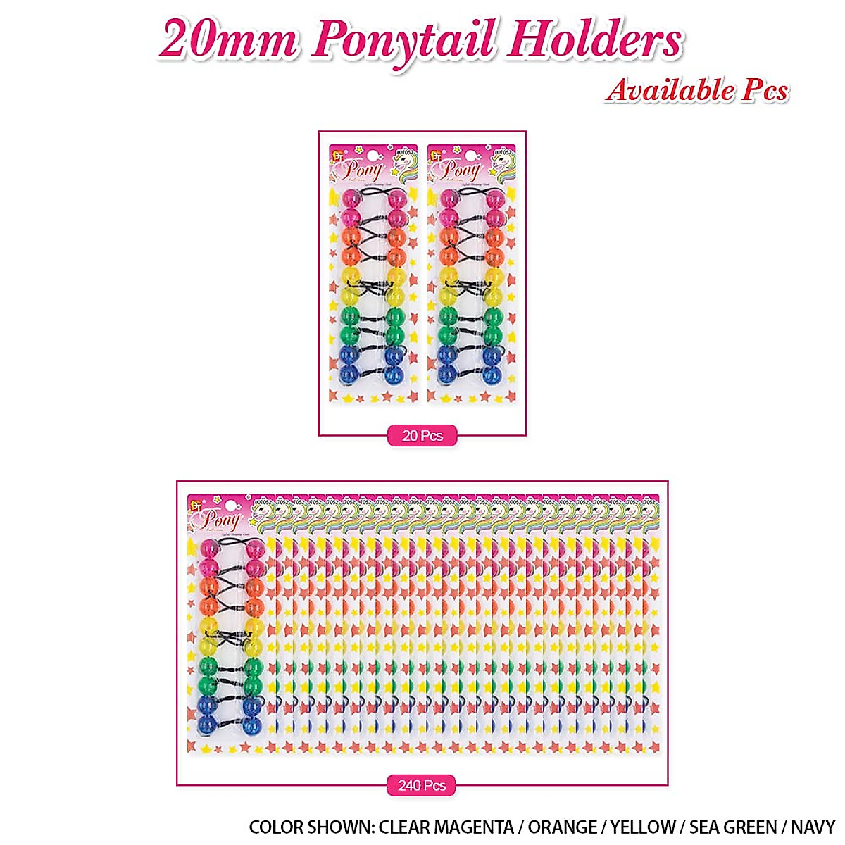 Beauty Town 20-Pcs 20mm Hair Ties with Balls for Young Girls Twin Bead Bubble Pony Knockers Hair Ballies for Females (Clear Magenta/Orange/Yellow/Sea Green/Navy)