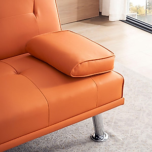 Faux Leather Convertible Folding Futon Sofa Bed with 2 Cup Holders, Sleeper Couch Bed with Removable Armrests, Metal Legs, Upholstered Loveseat for Living Room, Apartment, Dorm, Office (Orange)