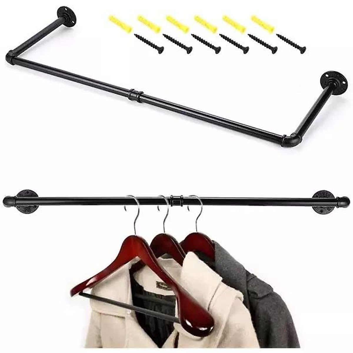 Industrial Pipe Clothing Rack - 38 inch Clothes rack, Wall Mounted Clothes Rack - Closet Rod, Industrial Pipe Style Rolling Garment Rack with Shelf, for Bedroom, Laundry Room