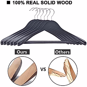 JS HANGER Wooden Suit Hangers, 6 Pack Extra-Wide Shoulder Wood Coat Hangers with Non Slip Pant Bar, Extra Smooth and Splinter Free Black Finish