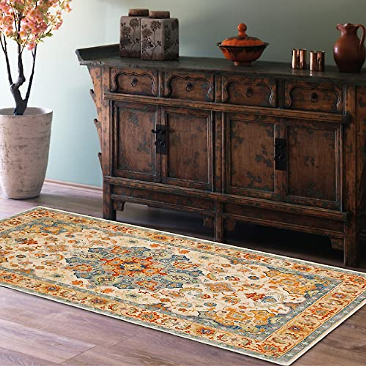 Boho Area Rug, 2' x 4' Machine Washable Rugs for Entryway Faux Wool Small Rugs Distressed Throw Rug Non-Slip Floor Carpet for Indoor Bedroom Kitchen Living Room