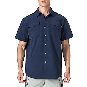 Mens Short Sleeve Fishing Shirts UPF 50+ Sun Potection UV Shirts for Hiking Button Down Shirts with Velcro Pockets for Work Navy