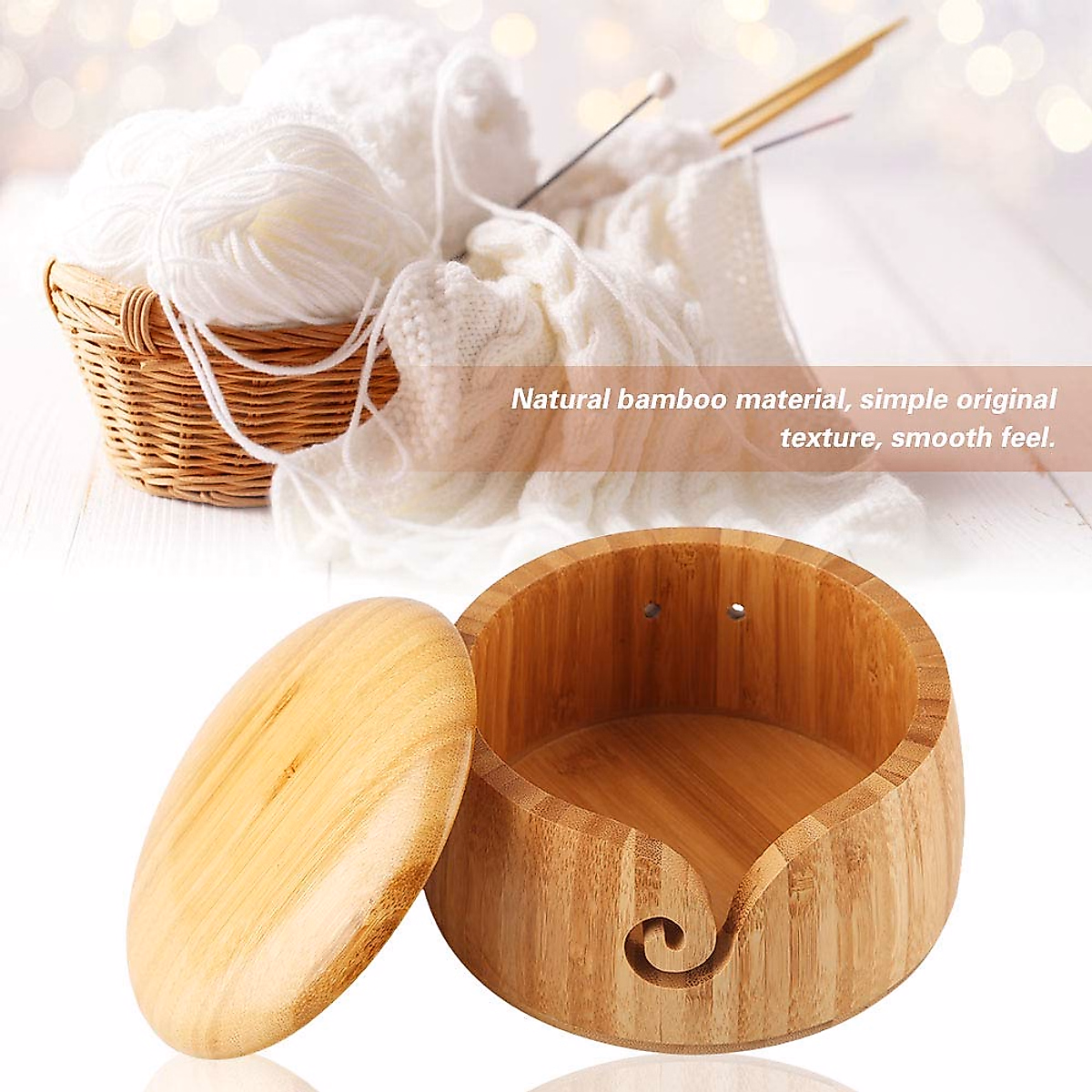 ZJchao Yarn Bowl Natural Handmade Crafted Wooden Yarn Bowl with Removable Lid for Knitting and Crocheting, for Mom and Grandmother