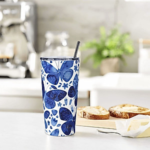EVANEM 20 Oz Stainless Steel Tumbler With Straw Cleaner Blue Butterflies Printed Insulated Cup Travel Coffee Mug Vacuum Insulated Tumblers For Home Office