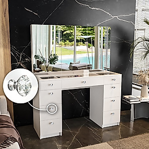 Boahaus Lily White Makeup Vanity Desk with Mirror Cabinets, Glass Top, 9 Drawers, and Crystal Ball Knobs - Modern Makeup Desk - Big Vanity - Large