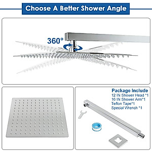 HarJue Shower Head with Extension Arm, High Pressure Square Shower Head with ShowerArm, Stainless Steel Rainfall Showerhead-Waterfall Full Body Coverage (12'' ShowerHead with 16'' Arm, Chrome)