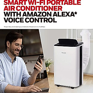 Honeywell 8,000 BTU Smart WiFi Portable Air Conditioner For Bedroom, Office, Living Room, Kitchen, 115V, Cools Up to 350 Sq. Ft. with Dehumidifier, Remote Control and Alexa Voice Control, White