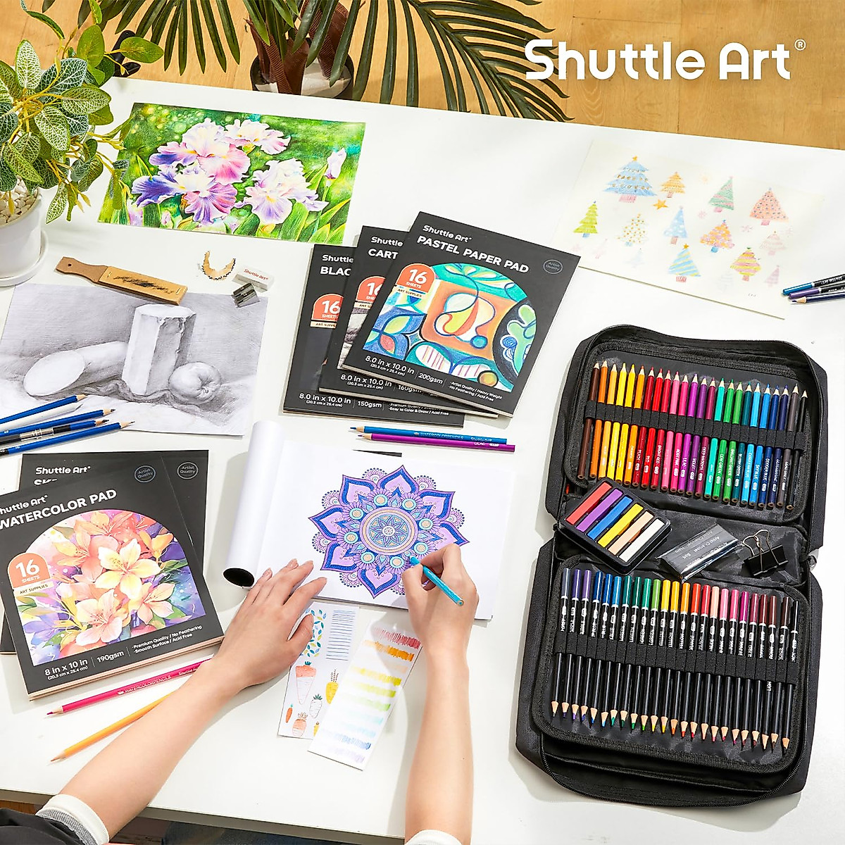 124 PCS Drawing Kit, Shuttle Art Professional Drawing Supplies with Sketch, Charcoal, Colored, Graphite, Pastel Pencils & Sticks, Complete Drawing Tools and Paper Pads in Zipper Case for Artists& Kids