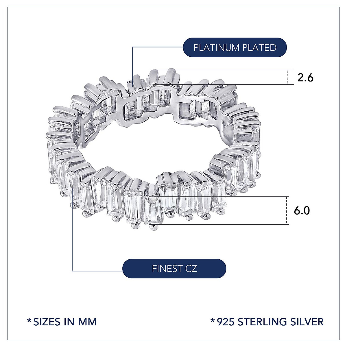 KIERA COUTURE 3.42 cttw White Baguette Cut Cubic Zirconia Sterling Silver Wavy Eternity Band Ring (White, 6)