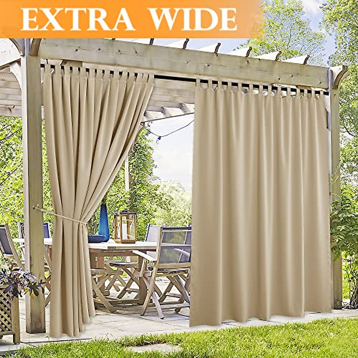 RYB HOME Porch Curtains Outdoor Waterproof - 2 Panels Detachable Top Water Resist UV Block Privacy Thermal Draperies for Patio Pergola Pavilion Spa, W 100 x L 84, Beige