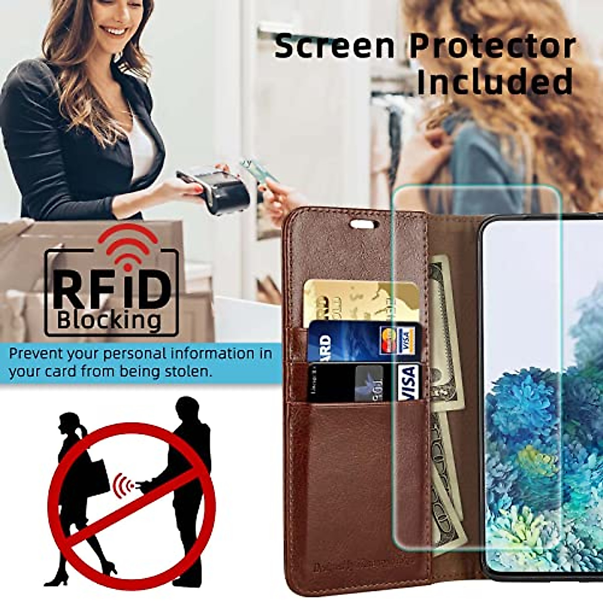 MONASAY iPhone 13 Mini Wallet Case, [Glass Screen Protector Included] [RFID Blocking] Flip Folio Leather Cell Phone Cover with Credit Card Holder for Apple 13 Mini, 5.4-inch Brown