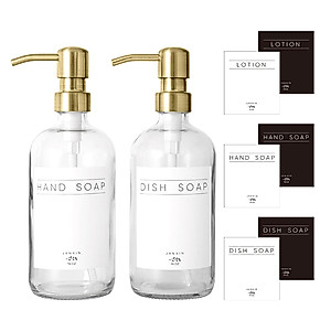 Janxin Glass Soap Dispenser 2 Pack,Dish Soap Dispenser for Kitchen Sink with Pump,Modern Bathroom Soap Dispenser with Waterproof Labels for Hand Soap, Dish Soap, Lotion (Clear Bottles+Gold Pumps)