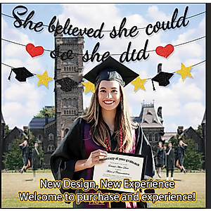 Unibday Graduation Decorations Class of 2024, She Believed She Could So She Did, Black Glitter Graduation Party Decorations 2024,Congrats Grad Bannerfor Congratulation Graduation Party