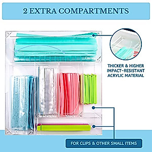 Ziplock Bag Storage Organizer Acrylic Brightroom Drawer Storage Upgraded Design Gallon Quart Sandwich Snack Fit Ziploc & All Food Bags Brands, Clear Plastic Kitchen Baggie Dispenser, 6 Clips Included