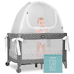 Pro Baby Safety Premium Pack n Play Tent, Mini Crib Tent to Keep Baby from Climbing Out, Auto Pop Up Pack and Play Tent with Auto-Lock Zippers, Thick Velvety Breathable Mesh (Geometric Cubes)
