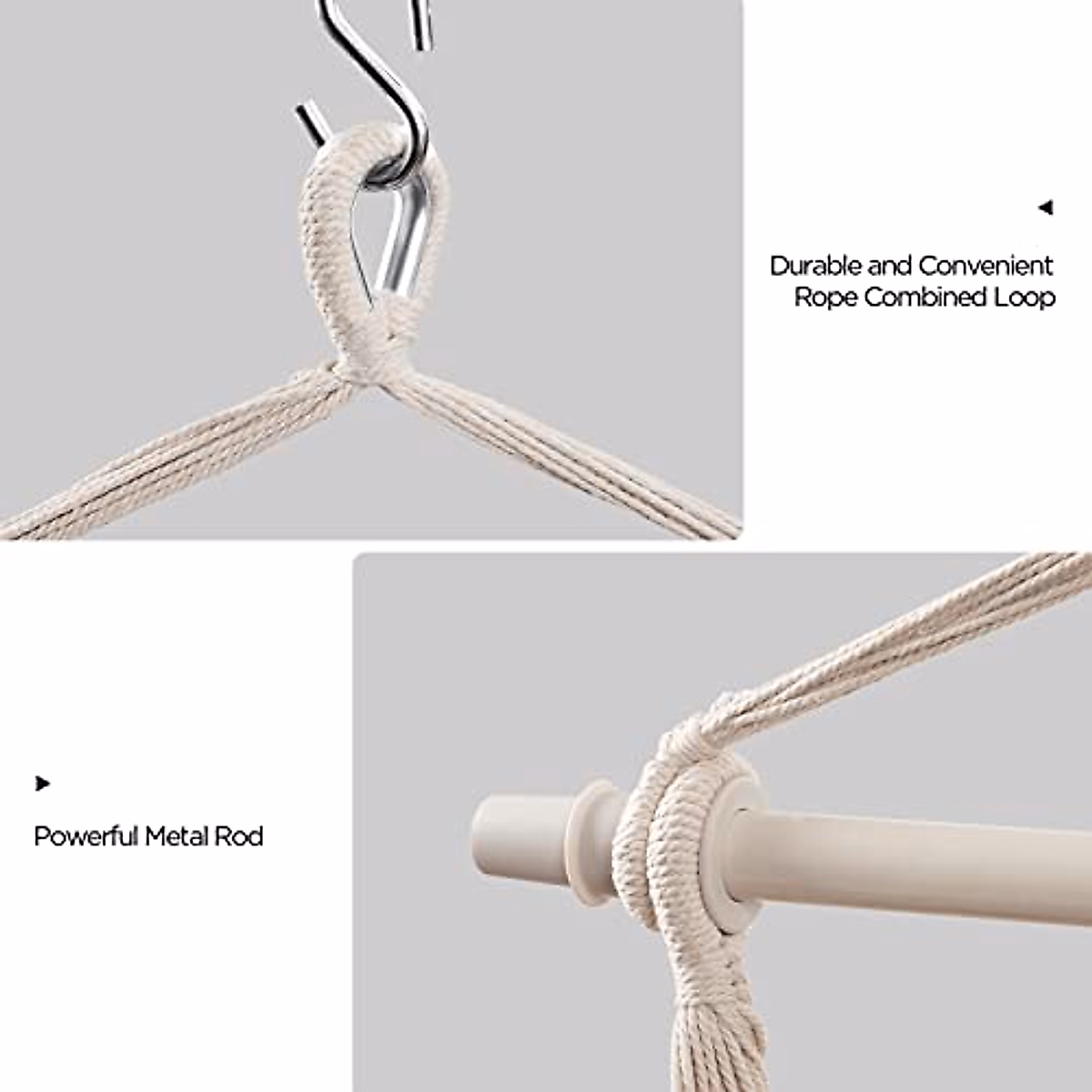 HBlife Hammock Chair Max 330 LBS Hanging Chair with Portable Metal Rod Handwoven Cotton Rope Hammock Swing for Bedroom Beige, Small