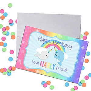 Magical Rainbow Narwhal Birthday Pun Themed Single (1) All Occasion Blank Birthday Card To Send To Friends & Family, 4"x 6" (when folded) Fill In Greeting Note Card by AmandaCreation