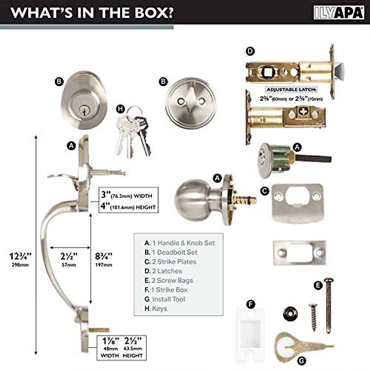 Ilyapa Front Entry Door Exterior Handleset - Classic, Satin Nickel Low Profile Door Lock Set Handle with Single Cylinder Deadbolt and Halifax Lever