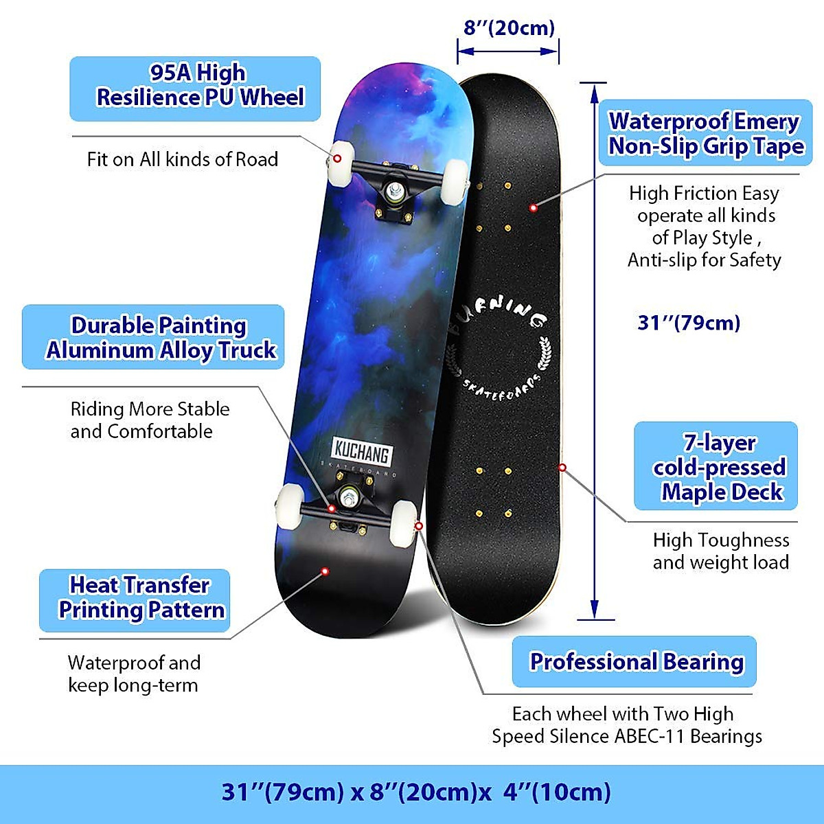 PHOEROS Skateboards -Standard Skateboards for Kids Boys Girls Youths Beginners Starter-Complete Skate Boards 31''x 8''Canadian Maple Pro Cruiser
