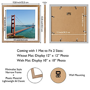 HEYTUYA 12x12 inch Picture Frame Rustic Brown for Wall Hanging, Poster Frame Display 10x10 inch with Mat or 12x12 Without Mat, Square Wall Gallery Photo Frame with Durable Shatter Resistant Plexiglas,