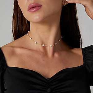 Tasiso 14K Gold Dainty Pearl Necklaces for Women Adjustable Dainty Barque Pearl Choker Necklaces Engagement Bridesmaid Jewelry Gifts 35cm