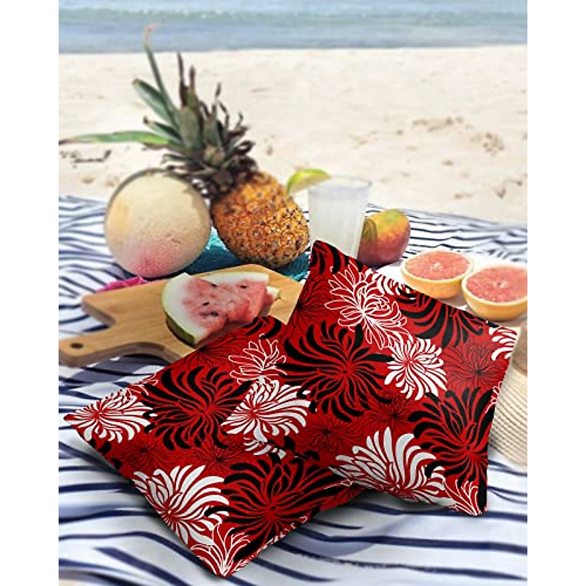 Brawvy Pillow Covers 16x16 inch Outdoor Decorative Waterproof Pillow Covers Spring Flower Red and Black Chrysanthemum Throw Pillowcase Shell for Patio Tent Couch Set of 2