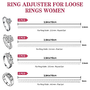 12 Pack Ring Sizers for Loose Rings - 4 Sizes Clear Silicone Ring Size Adjuster, Invisible Ring Guard, Spiral Resizer, and Tightener Spacer, Non-Slip Fit, Adjustable and Comfortable, for Women and Men