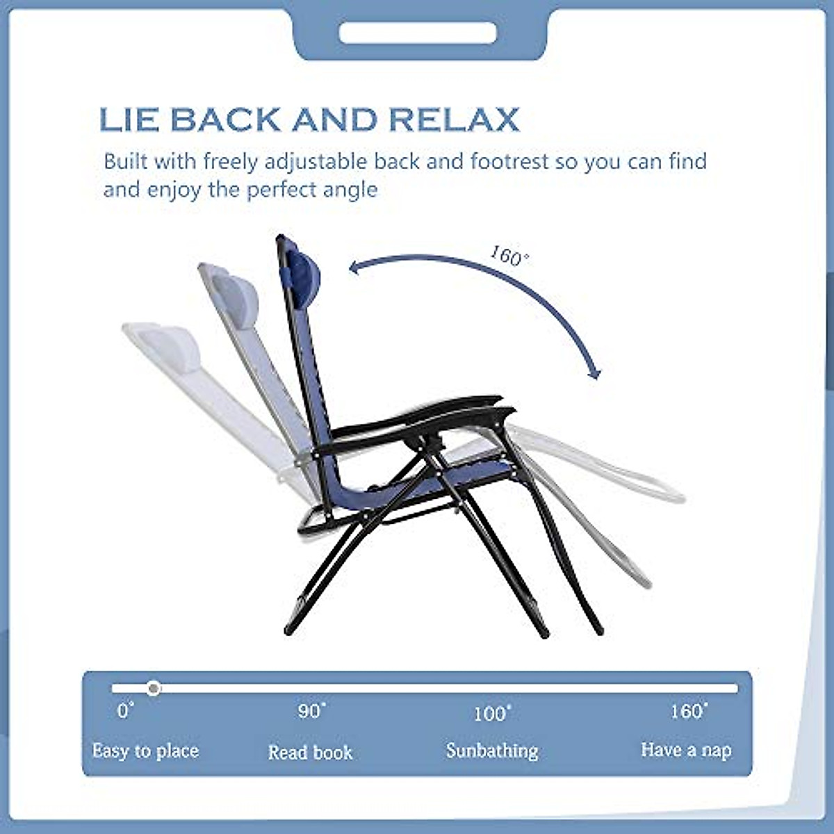 Shintenchi Patio Zero Gravity Recliner Lounge Chair, Outdoor Folding Beach Chair Recliner, Adjustable Long Chair w/ Cup Holder and Headrest, Set of 2 for Yard Garden Deck Poolside Camp, Dark Blue