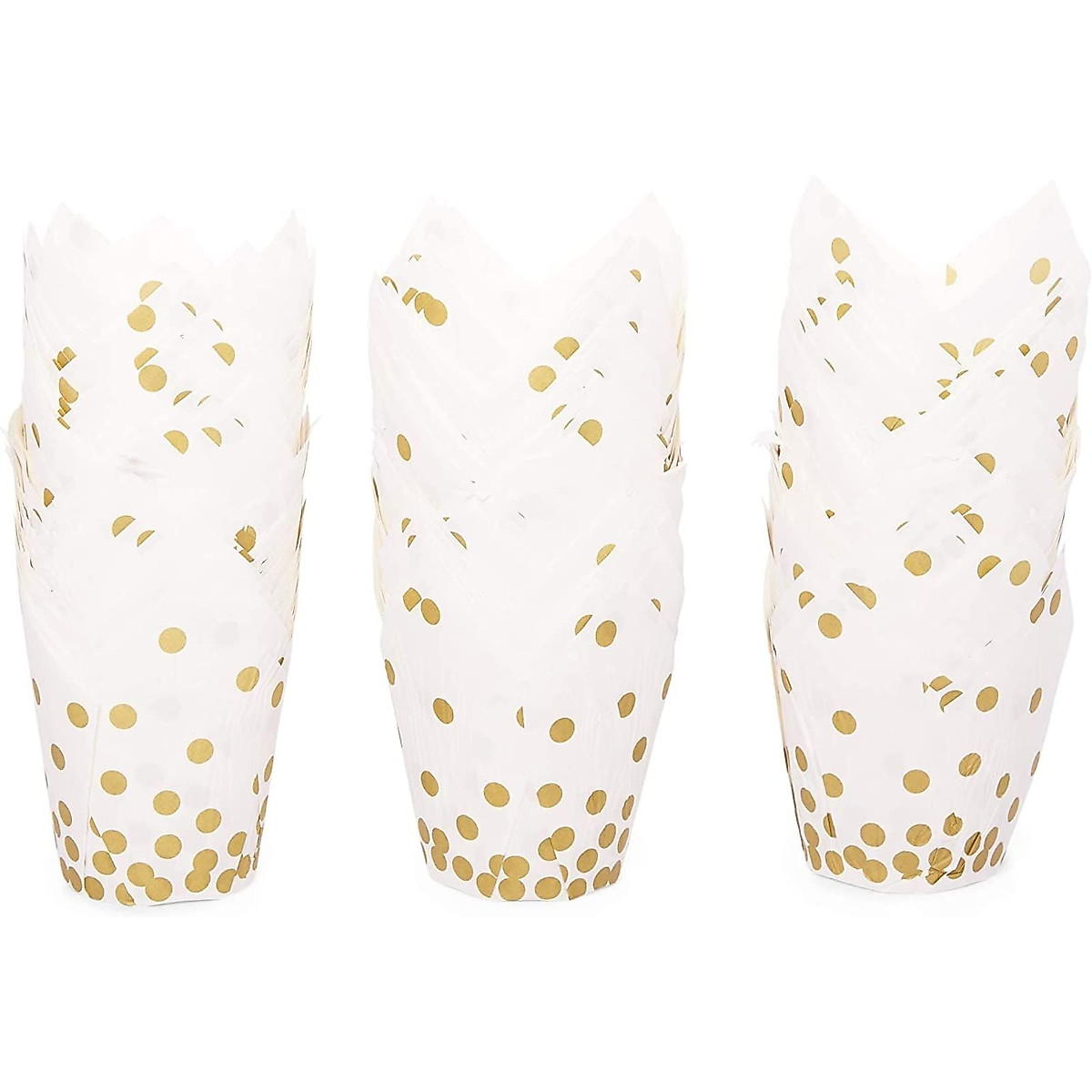 150 Pack Gold Polka Dot Muffin and Tulip Cupcake Liners for Baking and Decor (White, 3.35 x 3.5 Inches)