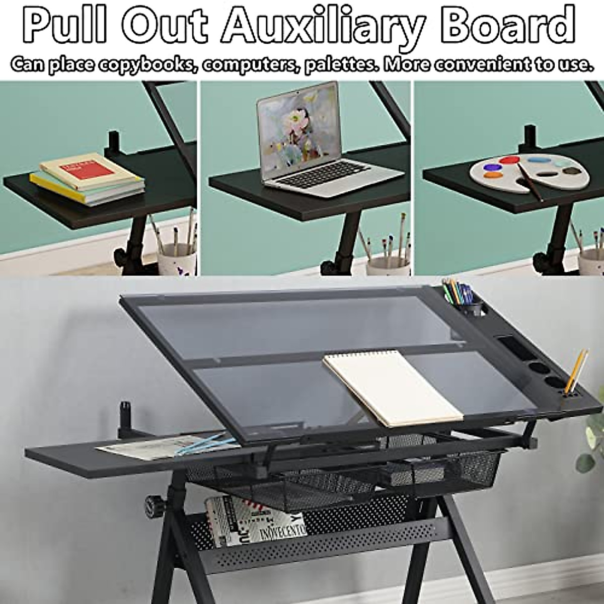 Gynsseh Glass Drafting Table Drawing Desk with Stool, Height Adjustable Art Desk for Adults/Artists, Tiltable Tabletop Professional Art Table Paintings Desk for Home Office School (Black)