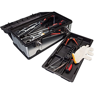 BIG RED A5519BR Torin 19" Stainless Steel and Plastic Portable Storage Tool Box Organizer with Metal Lock, Multiple Compartments, Clear Lid and Removable Trays - Stainless Steel/Black