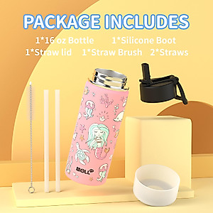 Mollcity 16 oz Stainless Steel Vacuum Insulated Wide Mouth Sports Water Bottle for Back to School-Reusable Metal Water Bottle Flask with Straw for Girls-Mermaid