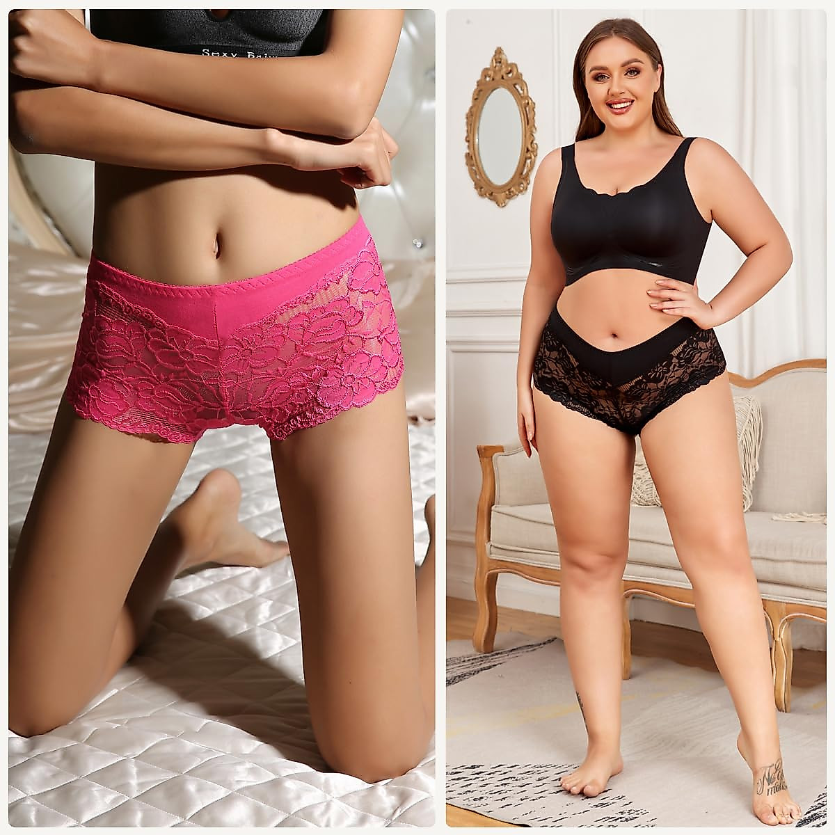 moonlight elves Women's Lace Underwear Plus size Boyshorts Soft Hipster Panties Comfort Sexy Sheer Panty for Ladies – Pack of 6, Size L