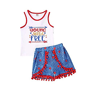 2pcs Baby Girl Holidat Summer Outfit Set,Young Wild Free Vest Tops+ Tassels Short Pants (White Blue, 2-3Y)