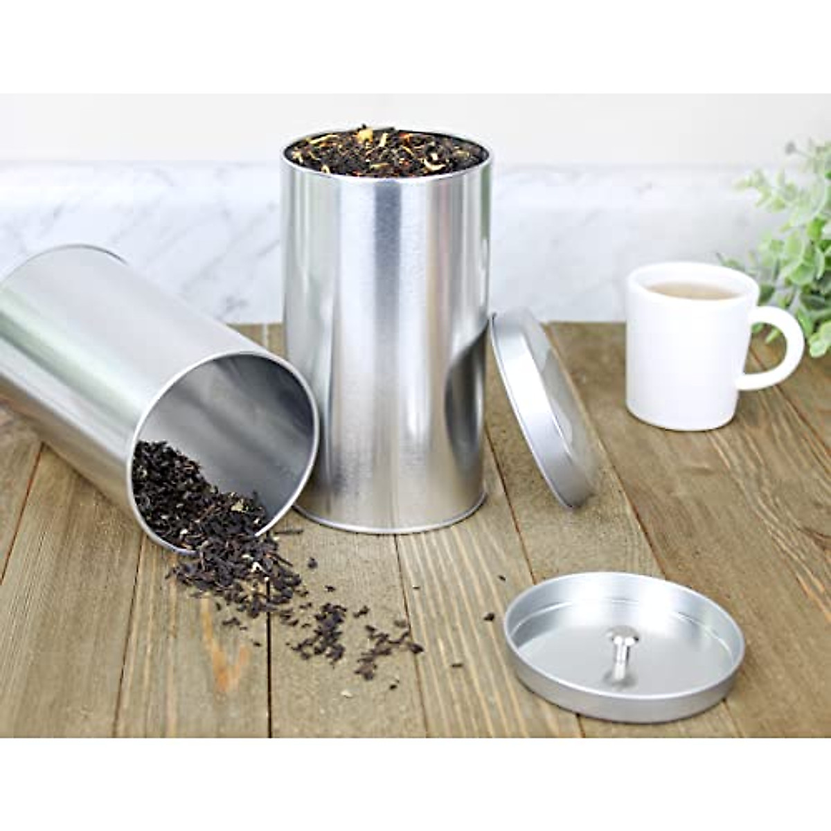 Solstice Double Seal Tea Canisters (4-Pack, Large); Round Metal Containers with Interior Seal Lid