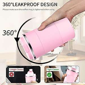 YINBAOGE Insulated Travel Coffee Mug Spill Proof Leak Proof Pobtable To Go Camping Stainless Steel Coffee Tumbler Reusable Coffee Cups with Lids Thermos for Hot and Cold Drink (Pink, 12 OZ)