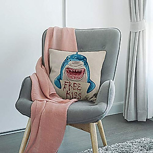 HGOD DESIGNS Shark Pillow Case,Funny Animal Blue Shark Holding Bloody Free Kiss Sign Cotton Linen Polyester Decorative Home Decor Sofa Couch Desk Chair Bedroom 16x16inch