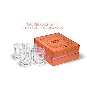 GLASSIQUE CADEAU Vintage Art Deco Lowball Gatsby Cocktail Glasses | Set of 4 | 13 oz Double Old Fashioned Tumblers for Drinking Classic Whiskey, Gin, Vodka Bar Drinks | Round Short Glassware