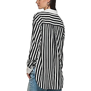 Karl Lagerfeld Paris Women's Soft Long Sleeve Stripe Everyday Fashion Sport Blouse, Black SFT White, Large