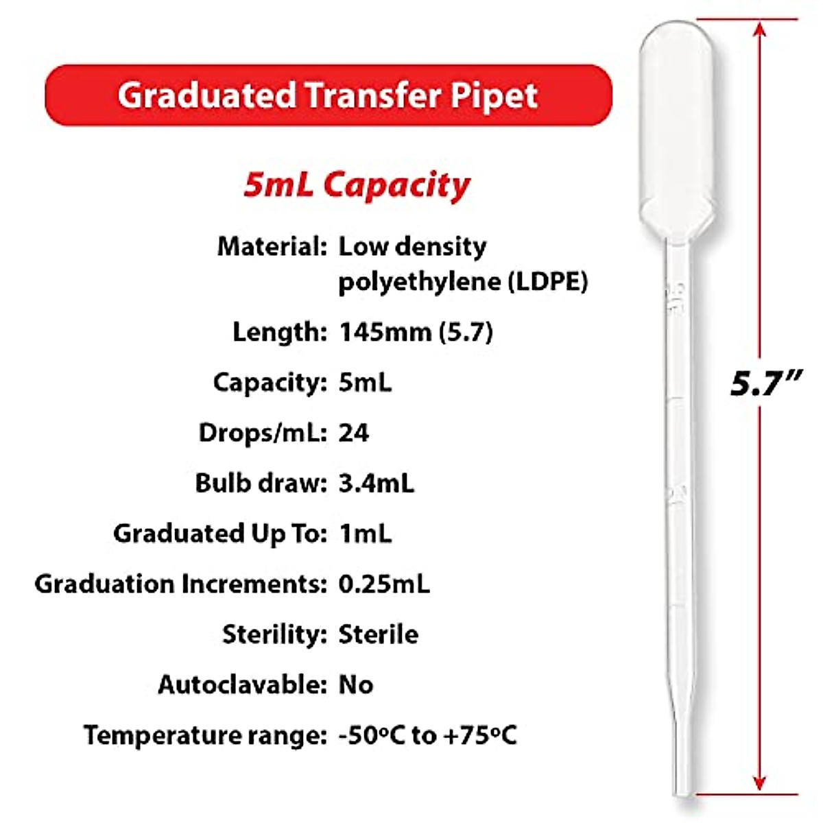 Globe Scientific 137038-100 LDPE Graduated Transfer Pipet, Large Bulb, Sterile, Individually Wrapped, Cellophane Pack, 145mm Length, 5.0mL Capacity (Pack of 100)