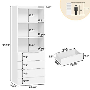 DICTAC 73.23'' Tall Storage Cabinet Bookcase with 3 Drawers and 3-Tier Open Shelves Wooden Bookshelf Kitchen Pantry Storage Cabinets Storage Organizer for Living Room, Study, Kitchen,Bathroom,White