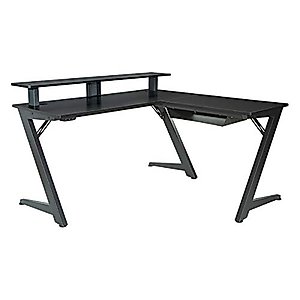 OSP Home Furnishings Avatar Battlestation L-Shape Gaming Desk with Bluetooth RGB LED Lights and Carbon Fiber Surface, Matte Black