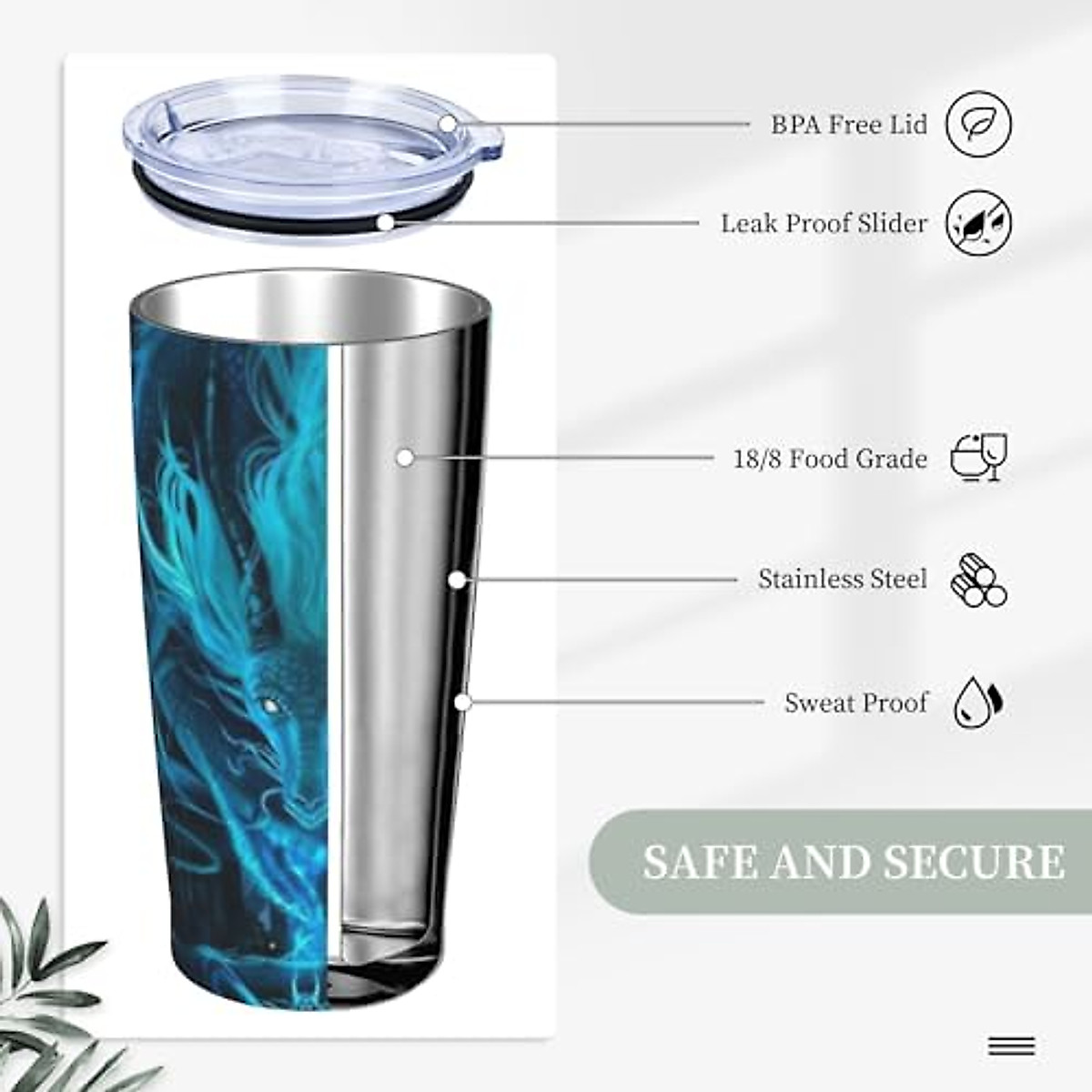Blue Dragon 20oz Tumbler Stainless Steel Vacuum Insulated Double Wall Travel Tumbler, Durable Insulated Coffee Mug, Thermal Cup With Lid and Straw for Hot & Cold Drinks