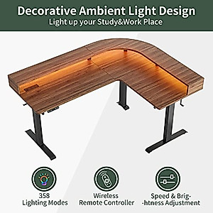 FEZIBO Triple Motor L Shaped Stadning Desk with LED Strip & Power Outrlets，63 inches Height Adjustable Stand up Corner Desk with Ergonomic Monitor Stand, Black Frame/Black Walnut Top