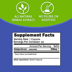 VH Nutrition Ginkgo BILOBA | 550mg Standardized Extract Supplements | Cognitive and Memory Support* | Boost Mental Clarity and Focus | Brain Health Supplement | 60 Capsules