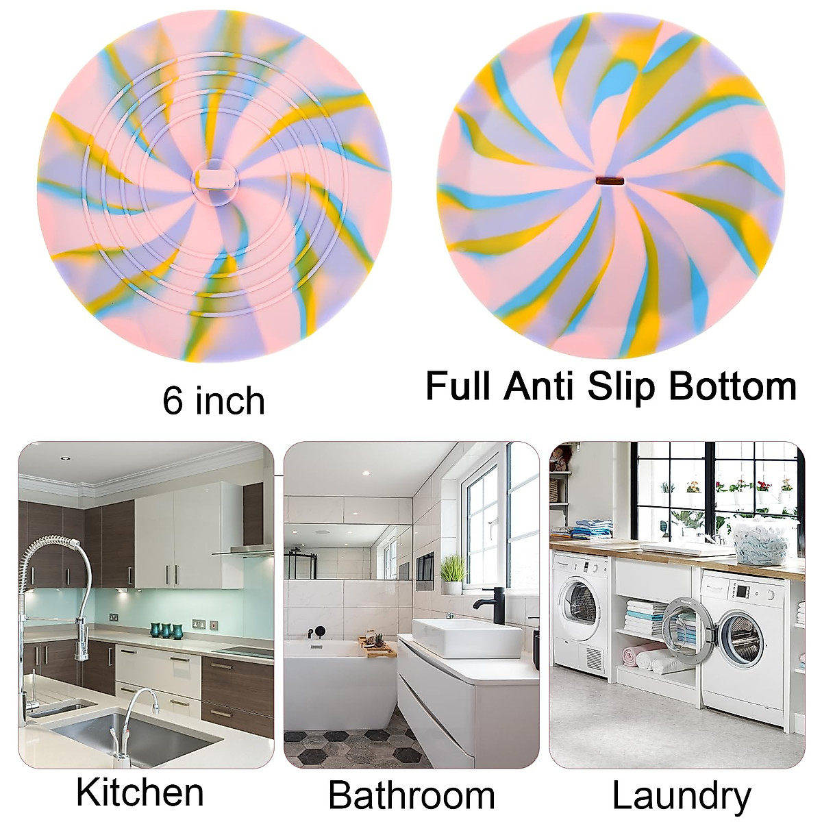 CALATOUR Tub Topper 6 inches Large Flat Suction Cover,Kitchen Sink Stopper,Drain Cover,Shower Drain Cover,Bathtub Drain Cover 2-Pack (Cute Colorful)