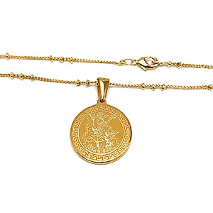 LESLIE BOULES Saint Michael Archangel Necklace 18 Inches Stainless Steel 18K Gold Plated Pendant