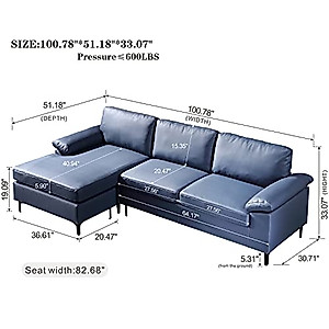 ovios 100" L-Shaped Sectional Sofa with Reversible Chaise, Luxury Deep Seat Couch with Convertible Chaise, Minimalism Cloud Sofas Couches for Living Room, Faux Leather, Blue