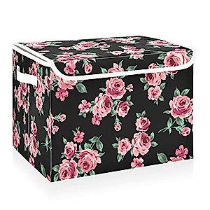 CaTaKu Pink Rose Floral Storage Bins with Lids Fabric Large Storage Container Cube Basket with Handle Decorative Storage Boxes for Organizing Clothes Shelves